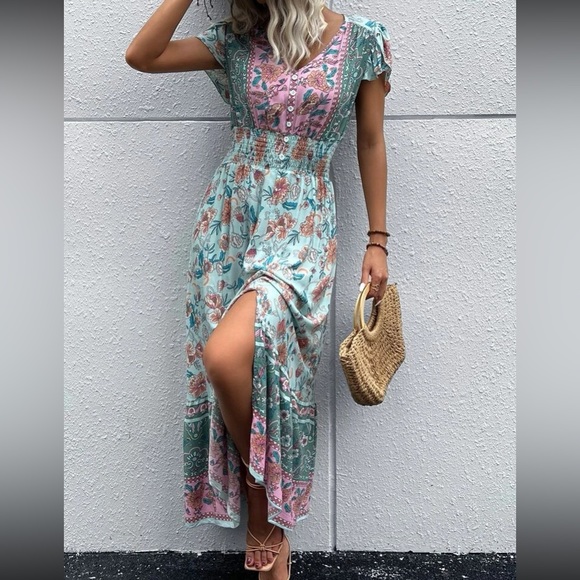 Dresses | Boho Floral Print Slit Hem Drawstring Waist Maxi Dress | Poshmark